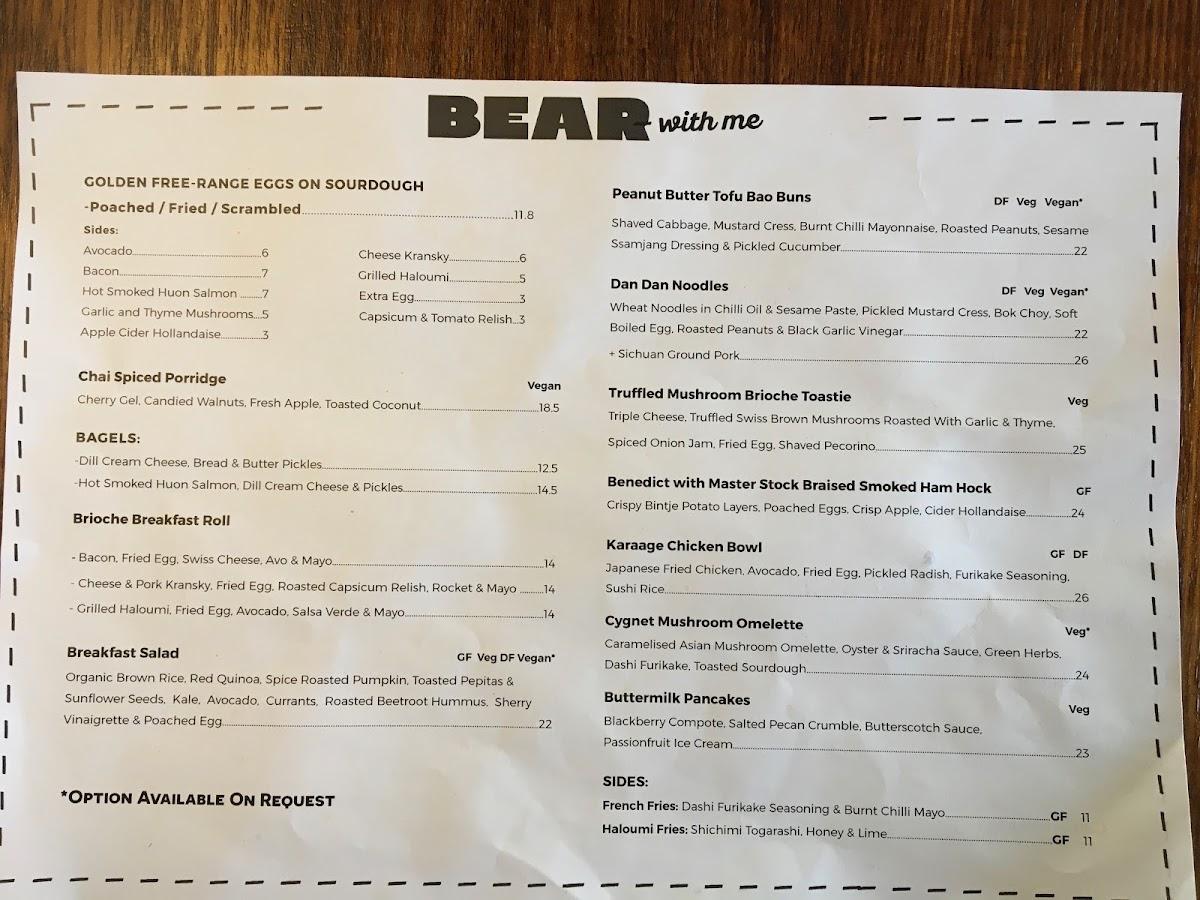 Menu at Bear With Me cafe, South Hobart