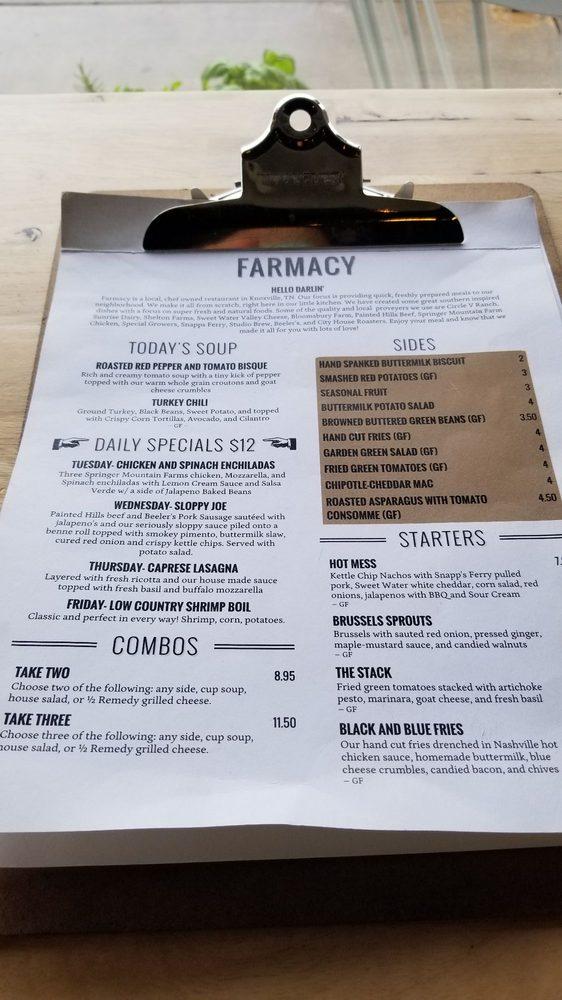 Menu at Farmacy restaurant, Knoxville, 5018 Kingston Pike