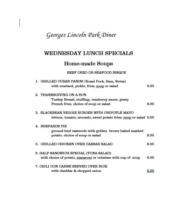 Menu at George's Lincoln Park Diner restaurant, Lincoln Park