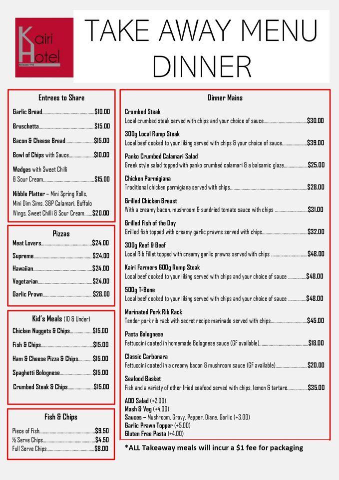 Menu at Kairi Hotel pub & bar, Kairi