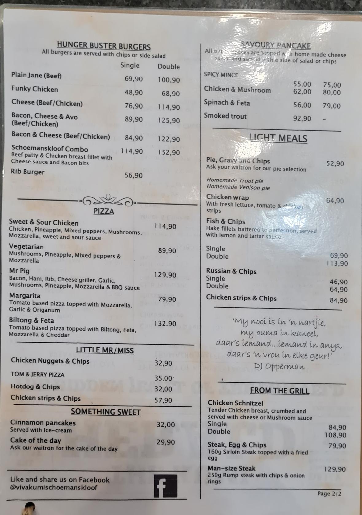 Menu at Kumi Restaurant, South Africa