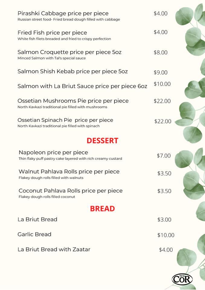 Menu at La Briut Foods restaurant, Richmond Hill