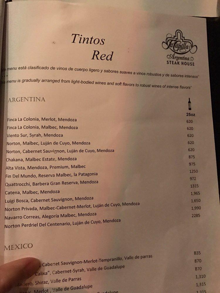 Menu at La Capilla steakhouse, Cancún, Boulevard Kukulcan