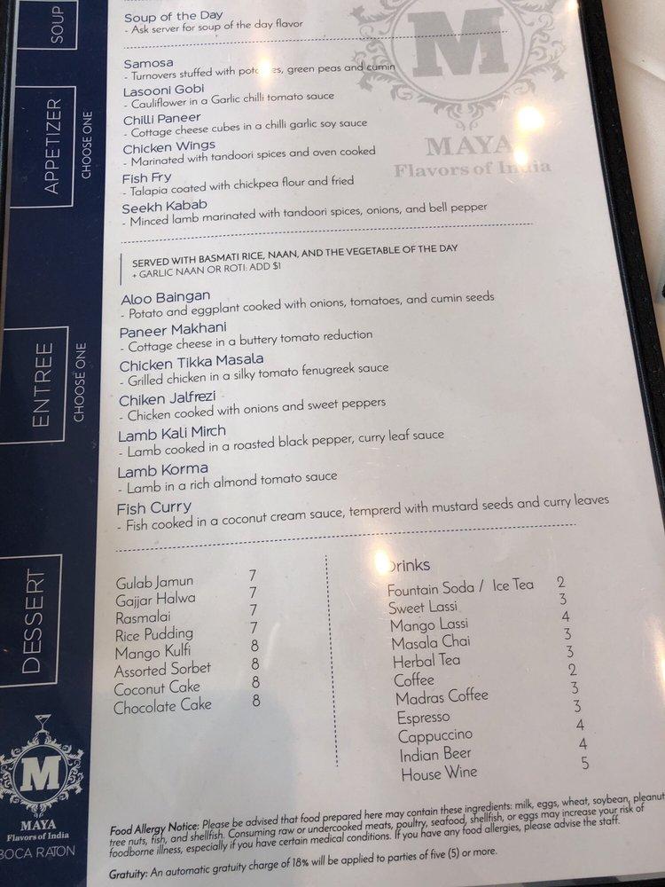 Menu at Maya Flavors of India restaurant, Boca Raton
