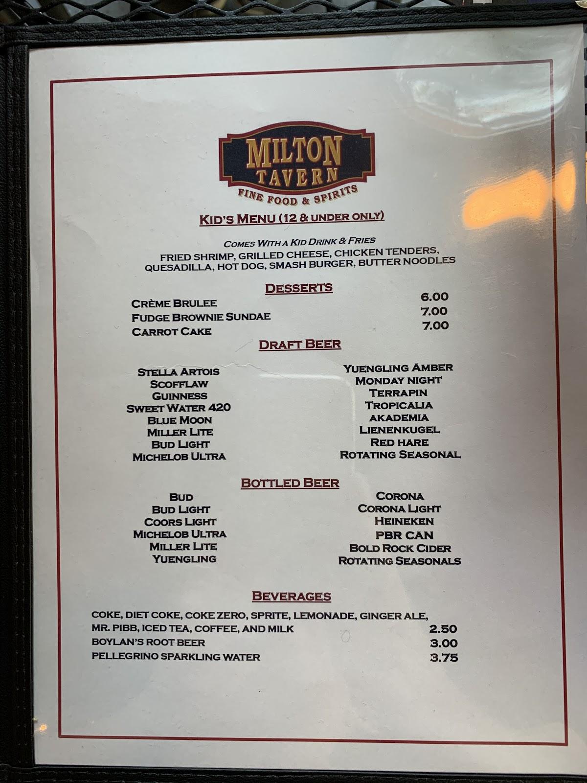 Menu at Milton Tavern restaurant, Alpharetta