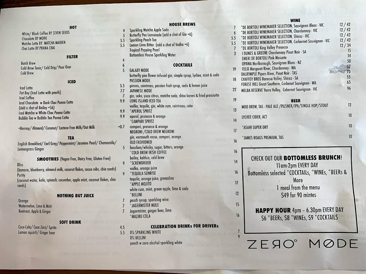 Menu at Zero Mode cafe, Box Hill