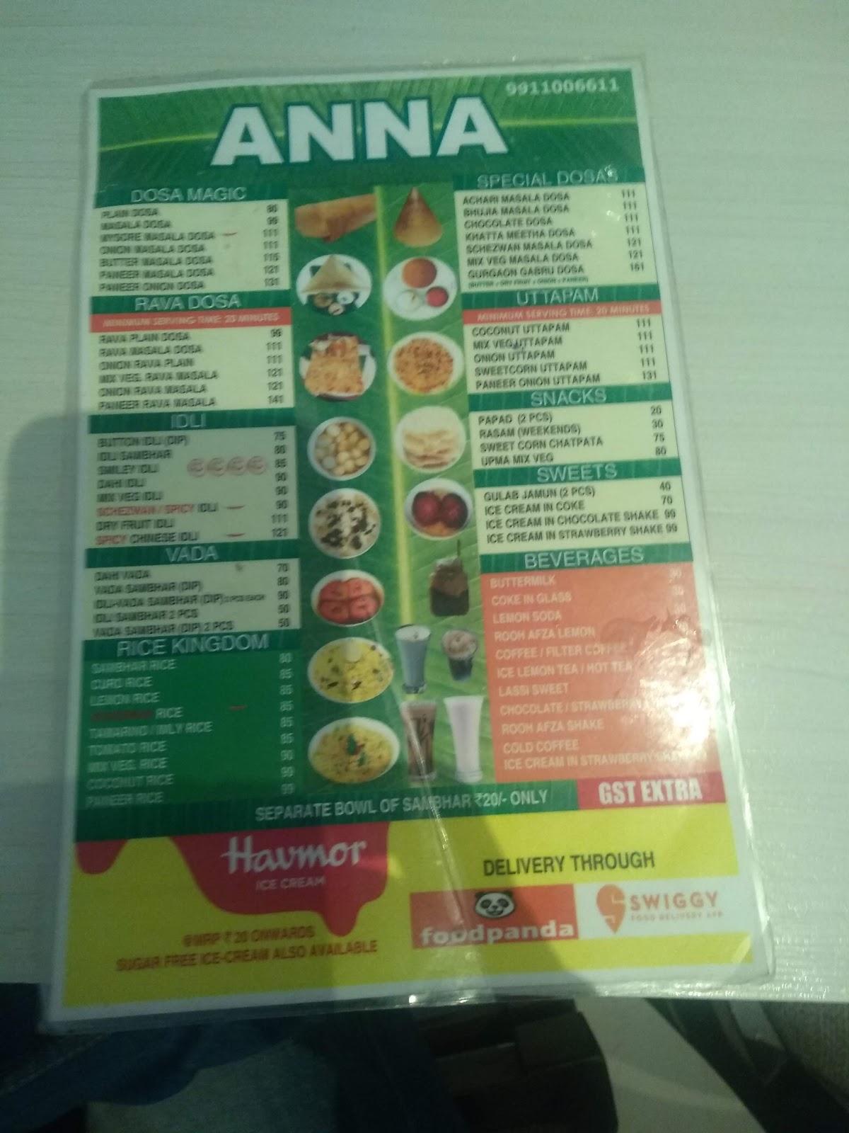 Menu at Anna, Gurugram