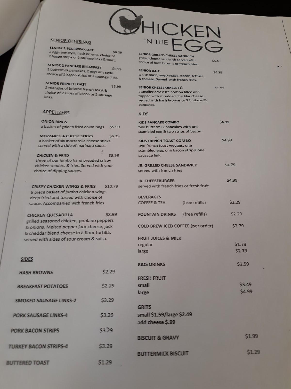 Menu at Chicken 'N The Egg restaurant, Fort Walton Beach