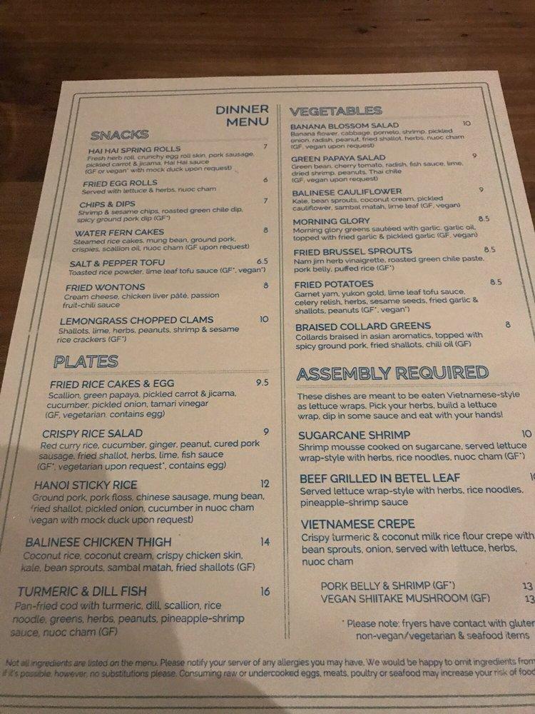 Menu at Hai Hai restaurant, Minneapolis