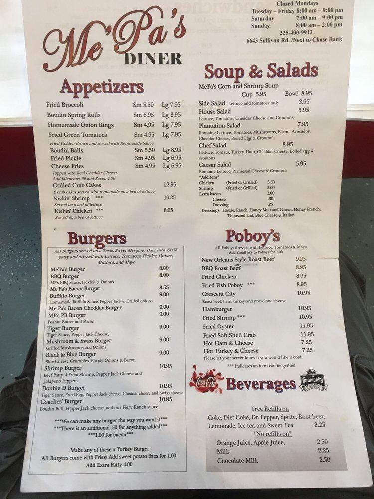 Menu at Me'Pa's Diner restaurant, Central