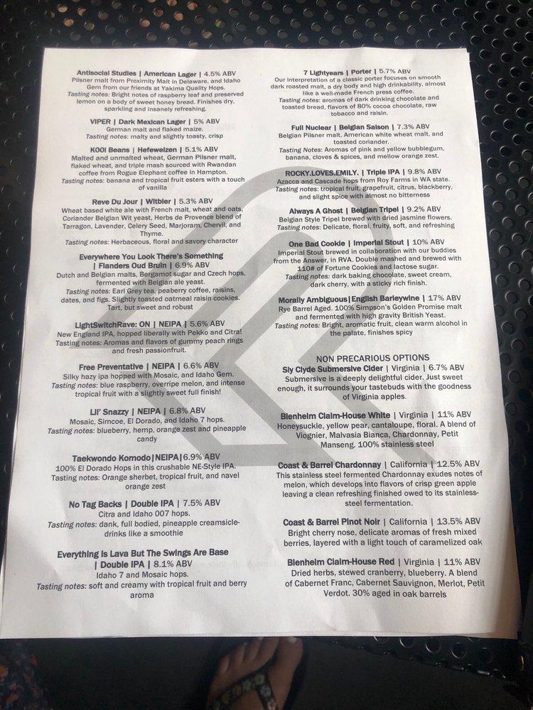 Menu at Precarious Beer Project pub & bar, Williamsburg
