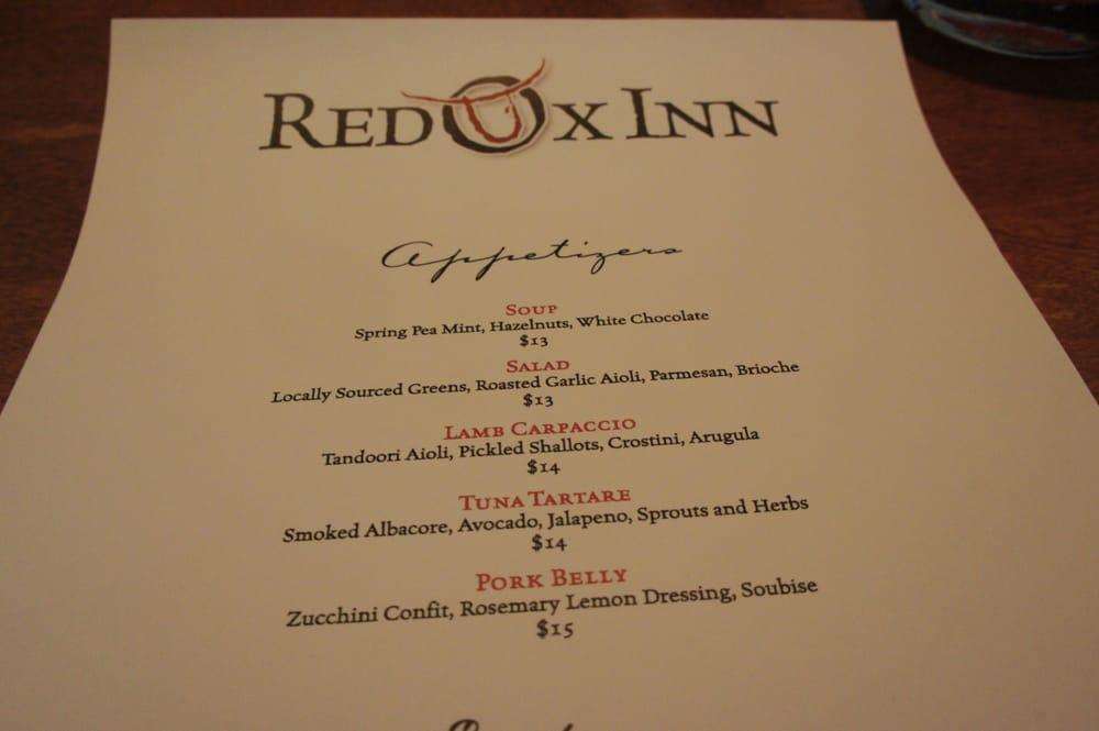 Menu at Red Ox Inn restaurant, Edmonton
