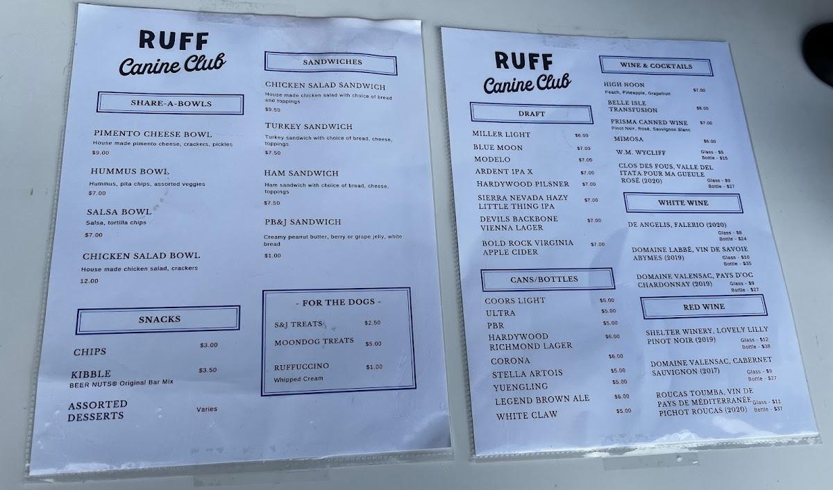 Menu at Ruff Canine Club, Richmond