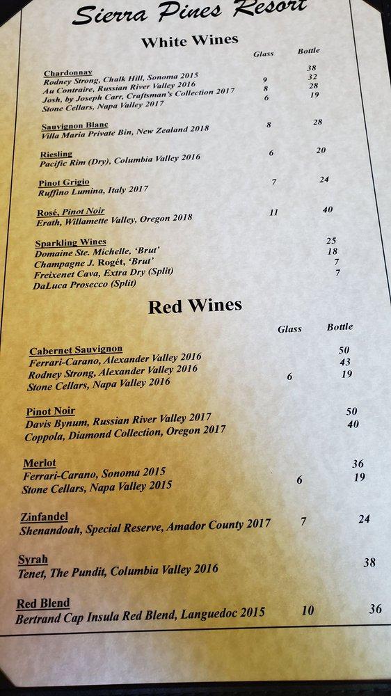 Menu at Sierra Pines Resort pub & bar, Sierra City