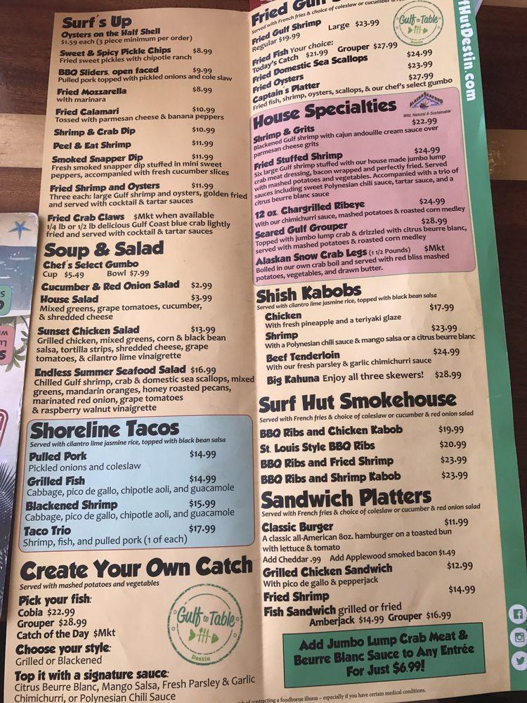 Menu at Surf Hut restaurant, Destin
