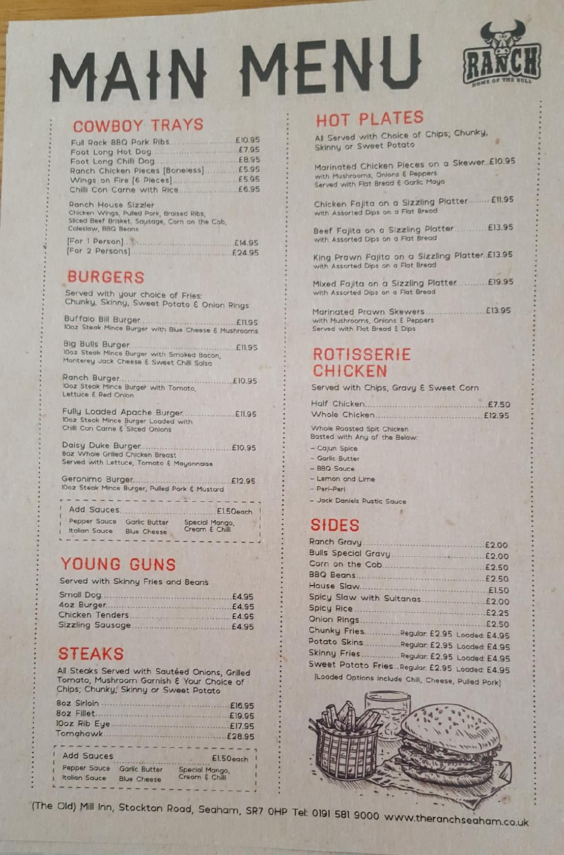 Menu at The Ranch Meat House restaurant, Seaham, The Mill Inn
