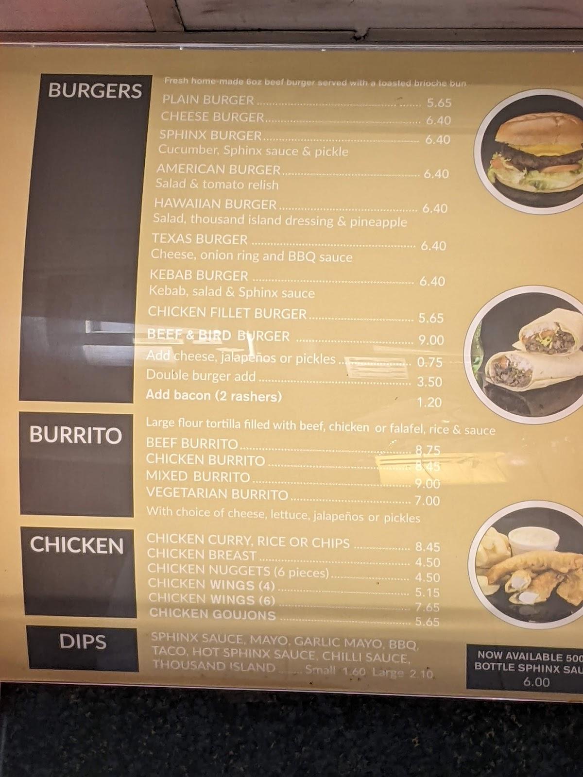 Carta de comida rápida The Sphinx Stranmillis, Belfast, 74 Stranmillis Rd