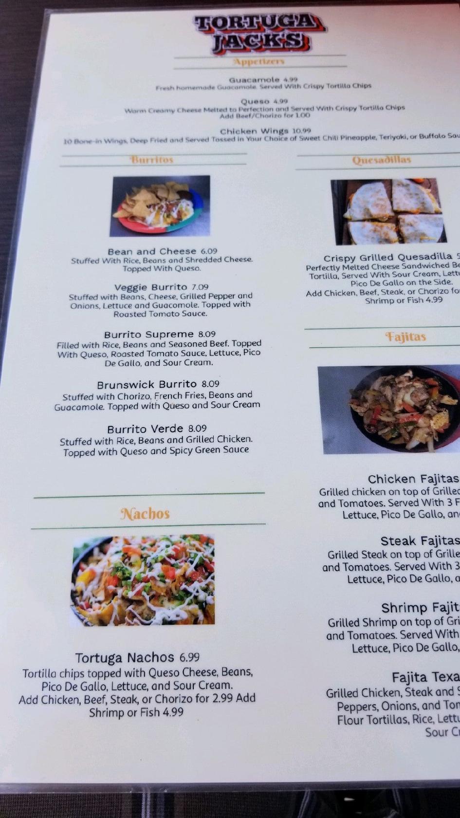 Menu at Tortuga Jacks Brunswick restaurant, Brunswick, 290 Frontage Dr