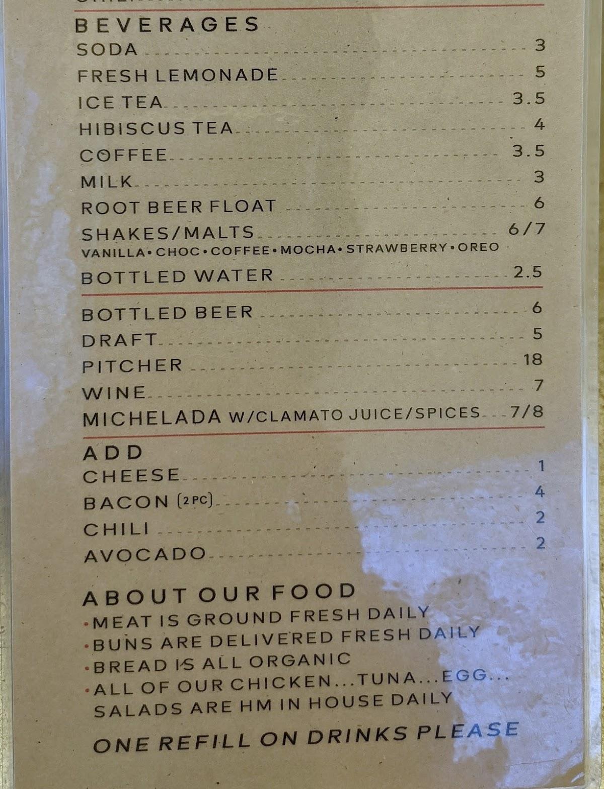 Menu at Tyler's Burgers restaurant, Palm Springs