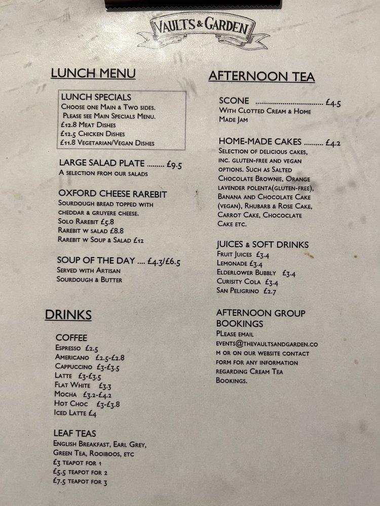Menu at Vaults & Garden cafe, Oxford