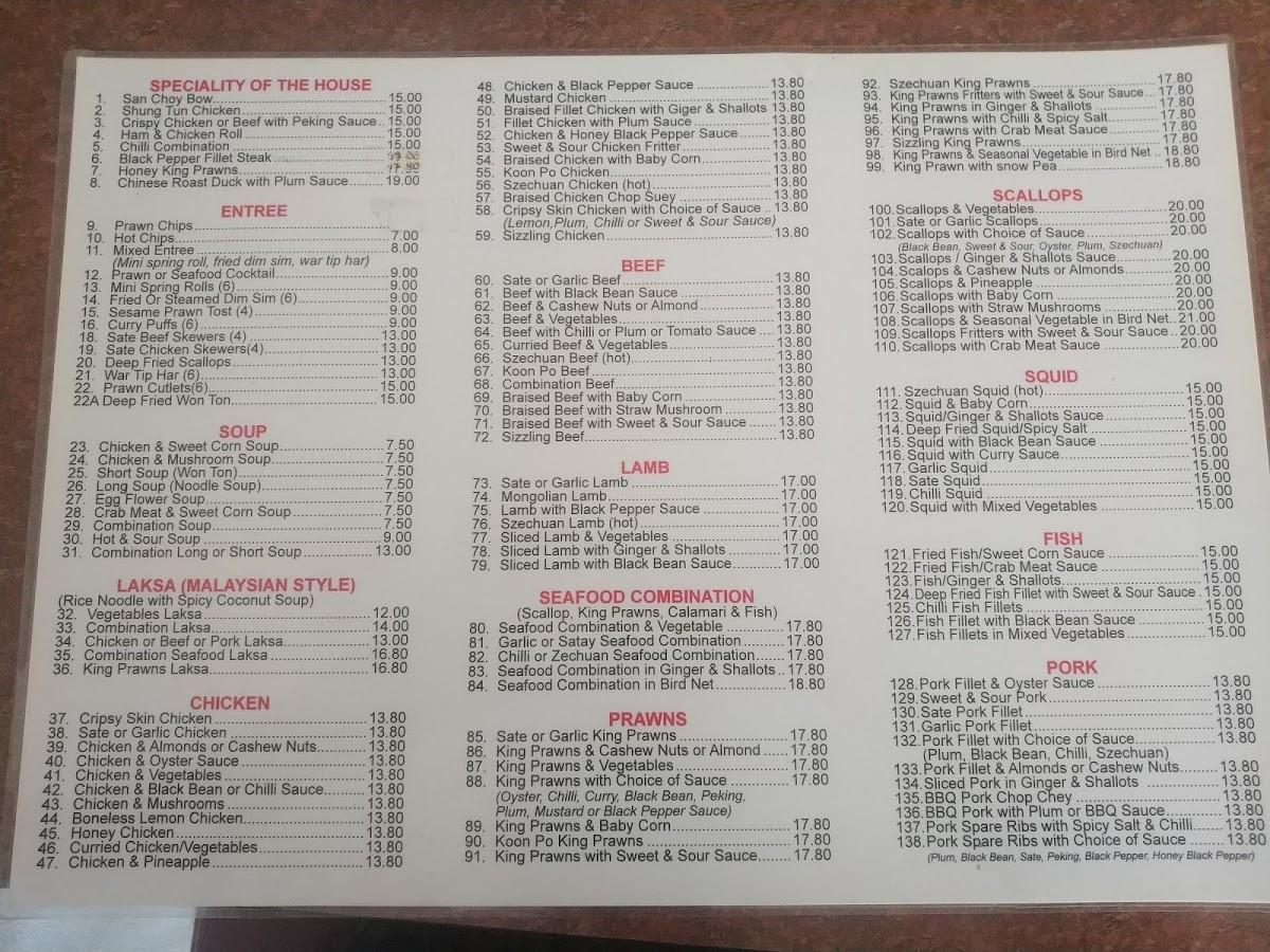 Menu at Windsor Palace Chinese restaurant, South Windsor