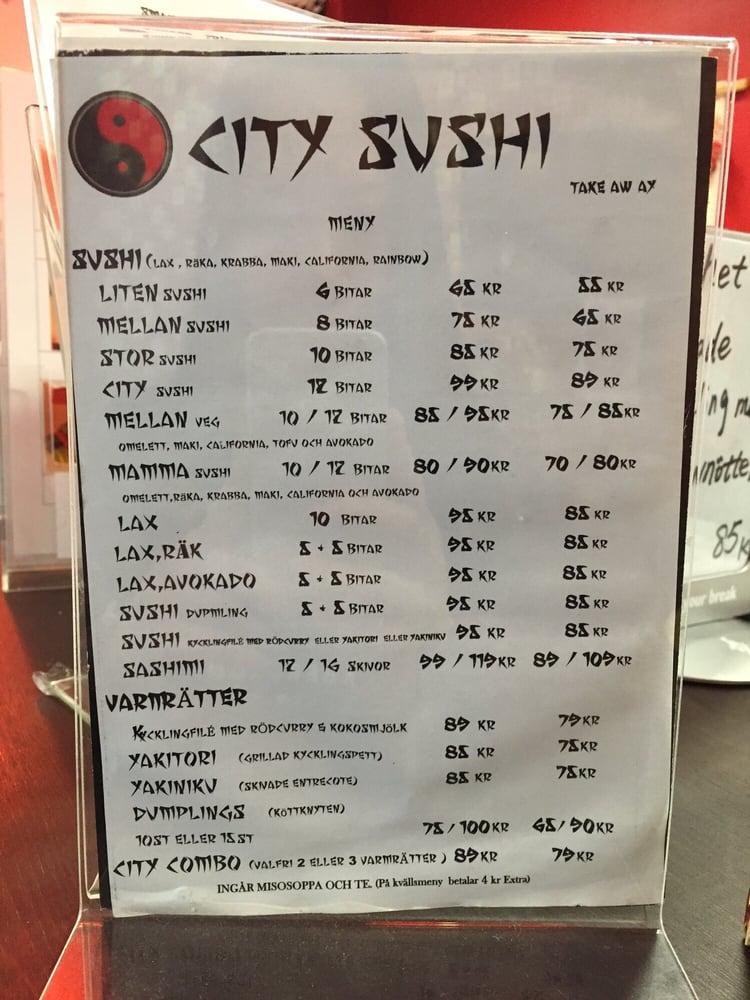 Menu at City Sushi restaurant, Stockholm, Klara Östra kyrkogata 2B