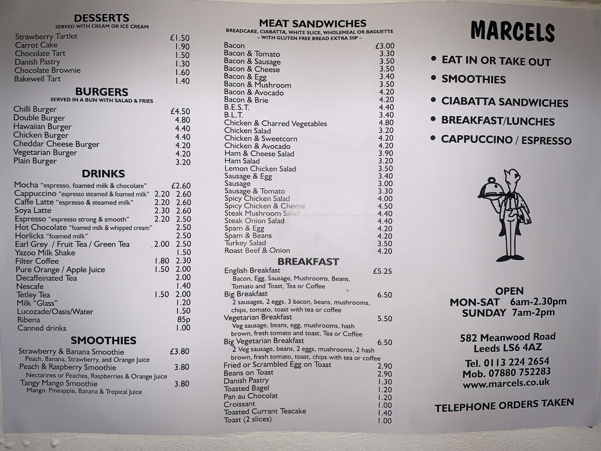 Menu at Marcels cafe, Leeds