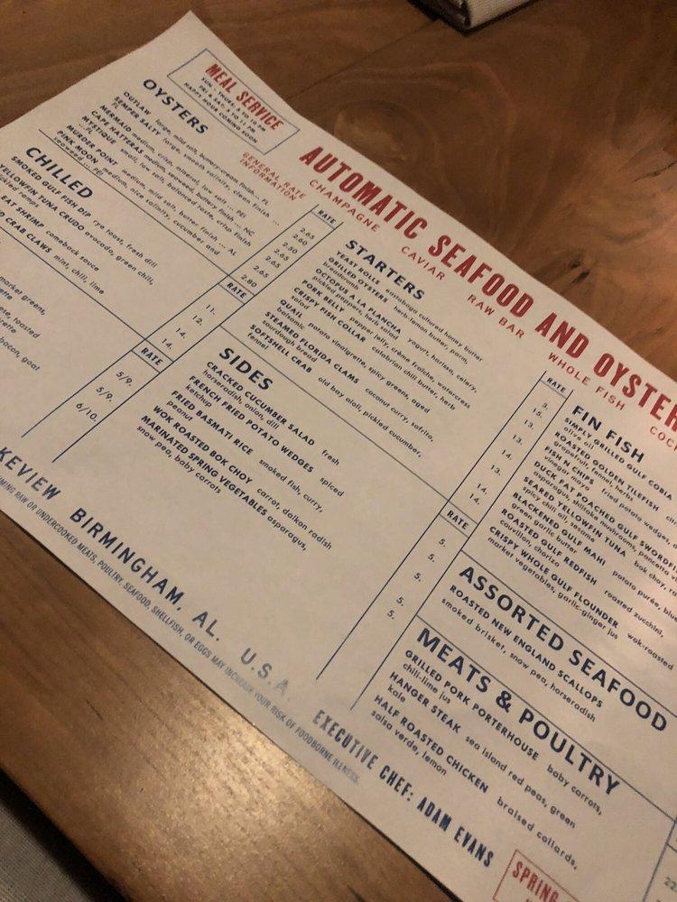 Menu at Automatic Seafood and Oysters restaurant, Birmingham