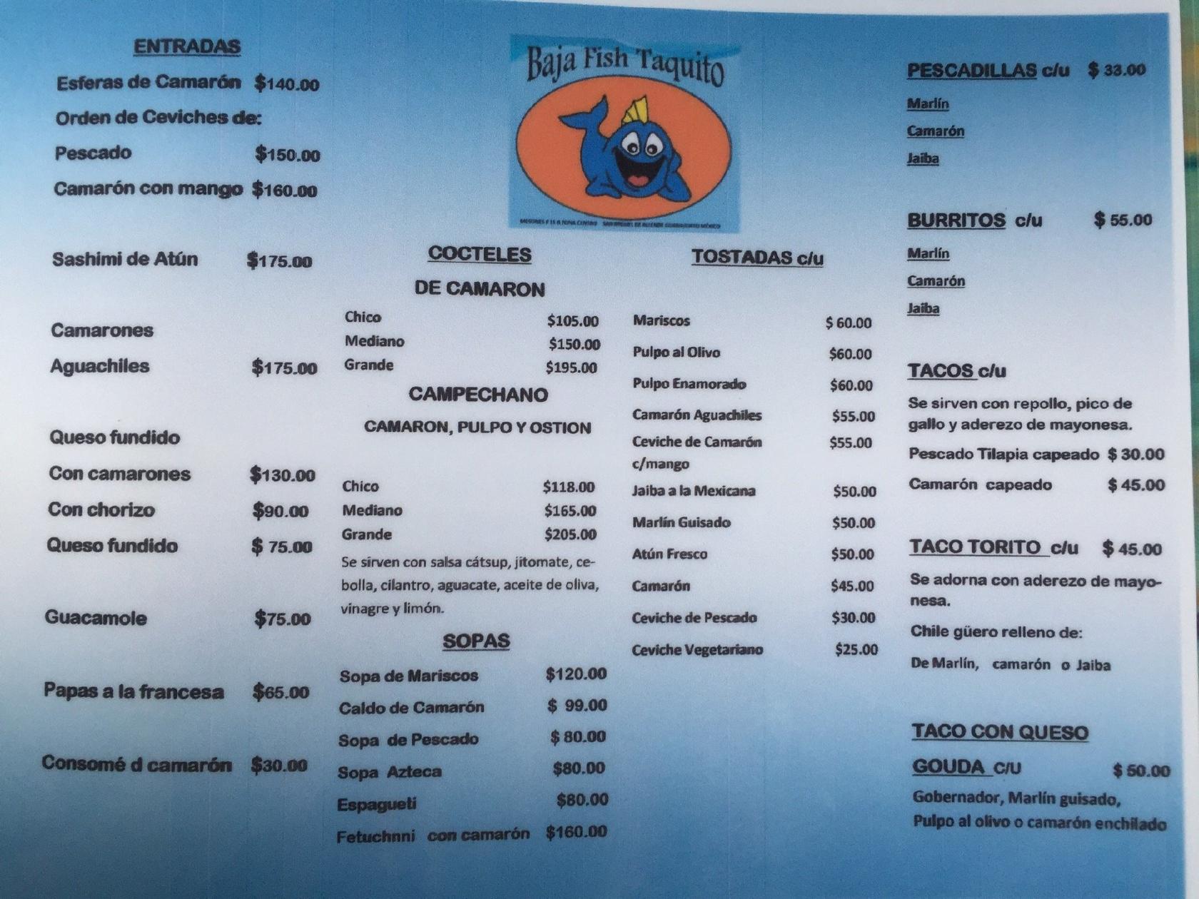 Carta del restaurante Baja Fish Taquito, San Miguel del Allende