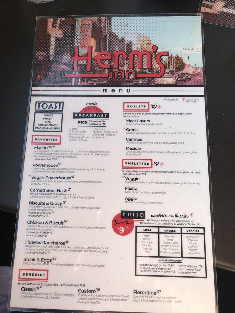 Menu at Herm's Inn restaurant, Logan