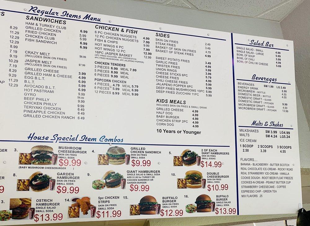 Menu at Jasper's Giant Burgers restaurant, Gold River