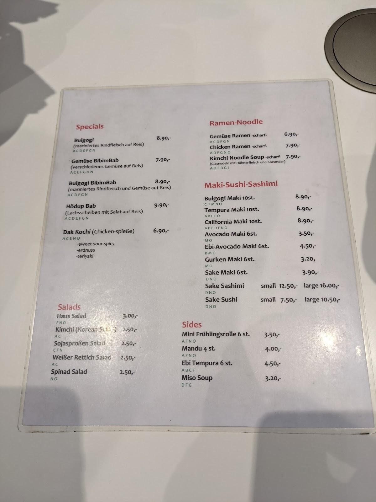 Menu at Kimchi To-Go restaurant, Vienna