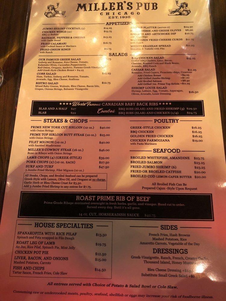 Menu at Miller's Pub, Chicago, 134 S Wabash Ave