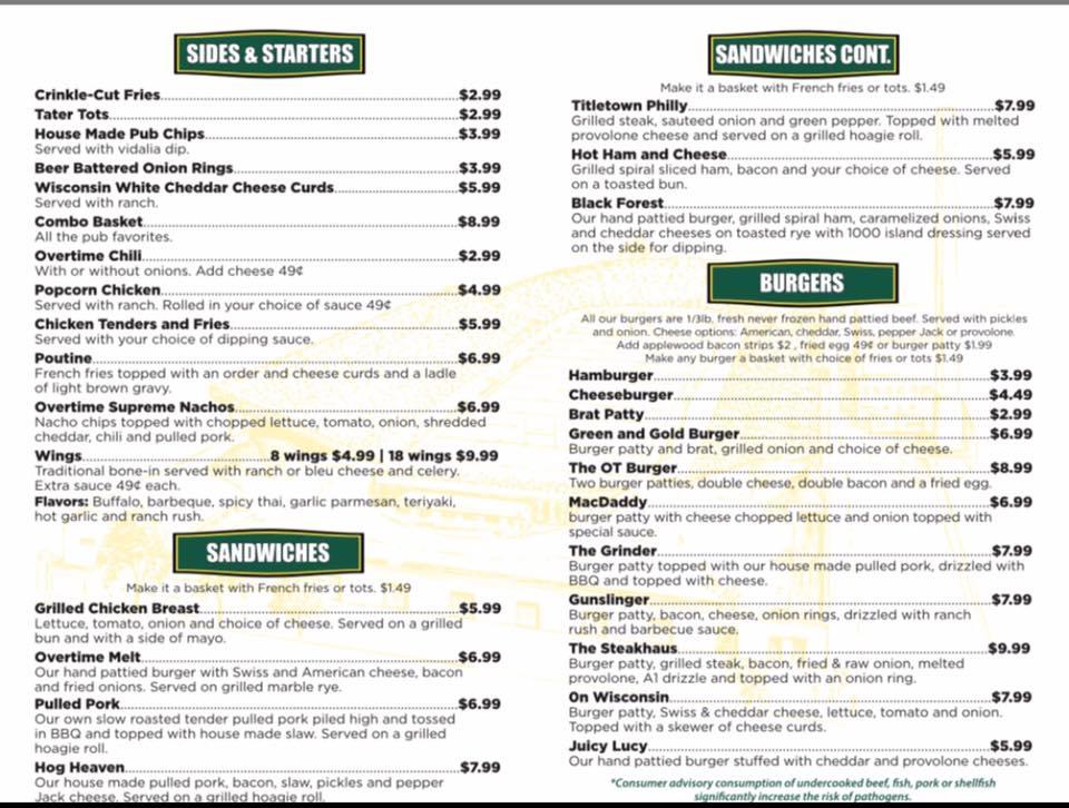 Menu at Overtime Grill & Pub, Green Bay