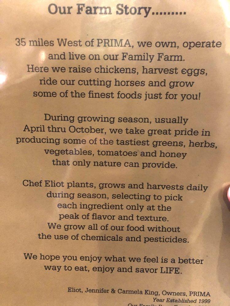 Menu at Prima restaurant, Minneapolis
