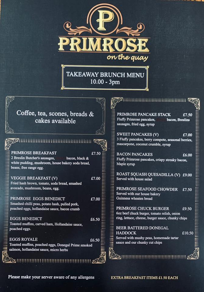 Menu at Primrose on the Quay cafe, Londonderry