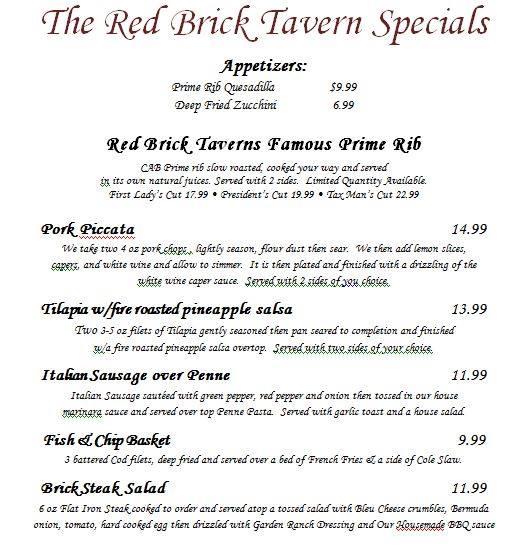 Menu at Red Brick Tavern pub & bar, London, Cumberland St