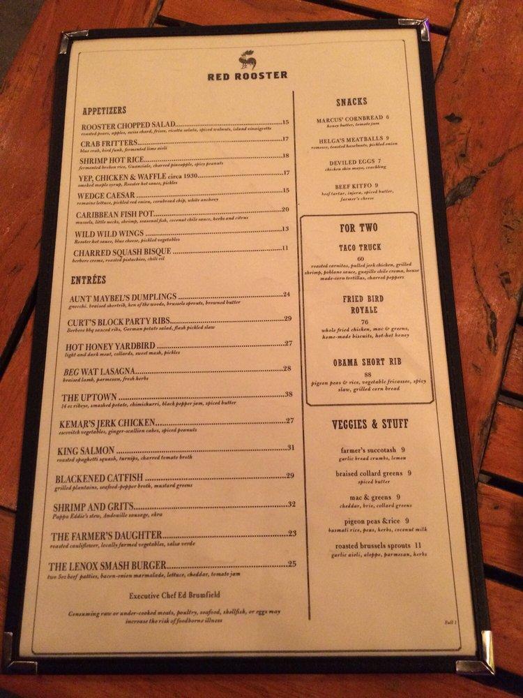 Menu at Red Rooster Harlem pub & bar, New York City, 310 Lenox Ave