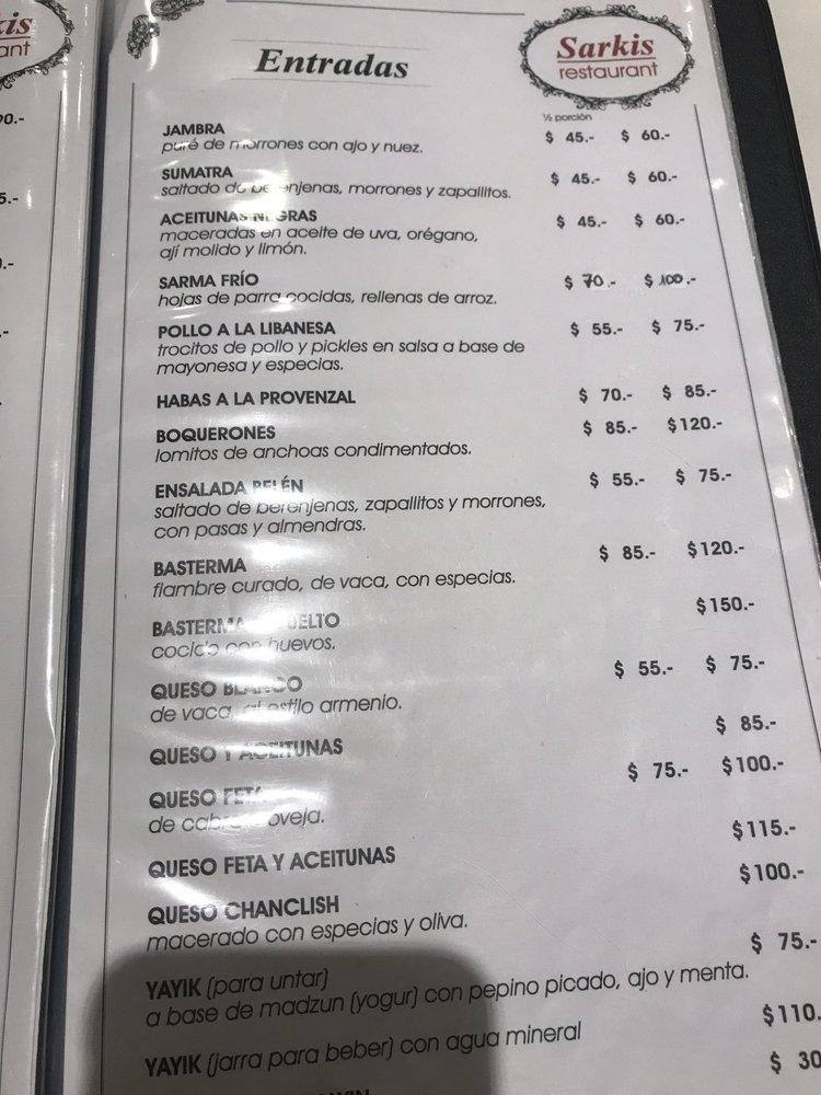 Carta del restaurante Sarkis, Buenos Aires