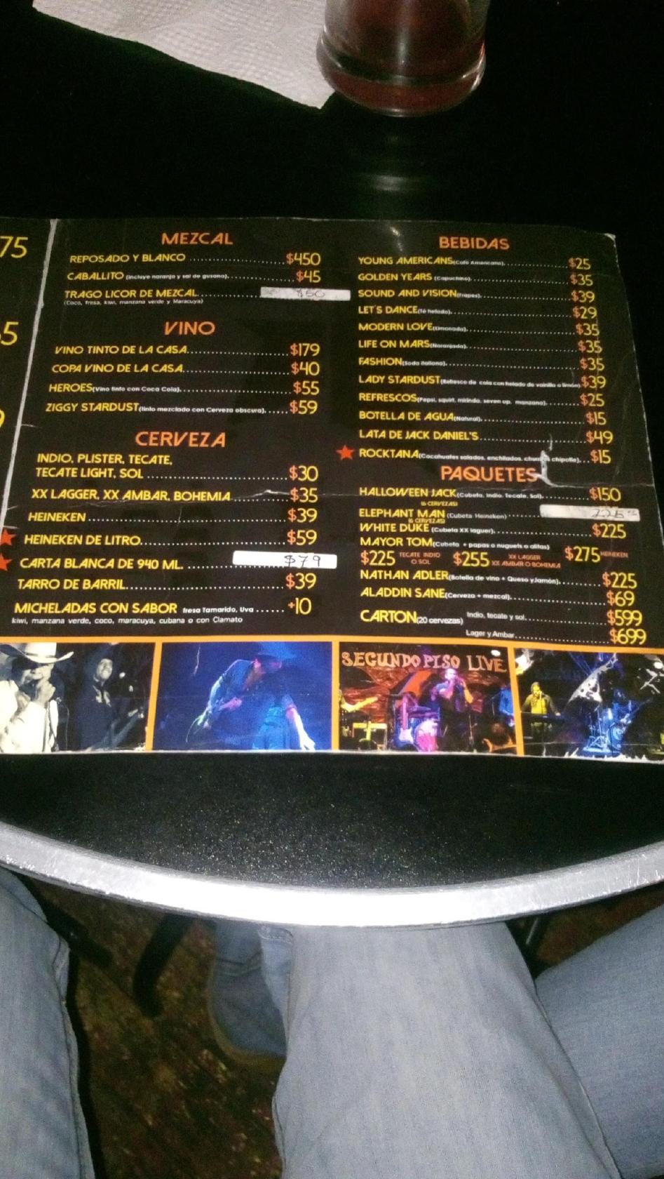 Carta de Segundo Piso Live Bar Café, Ciudad López Mateos