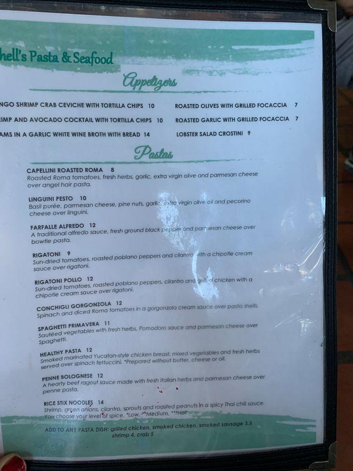 Menu at Shell’s restaurant, Port Aransas