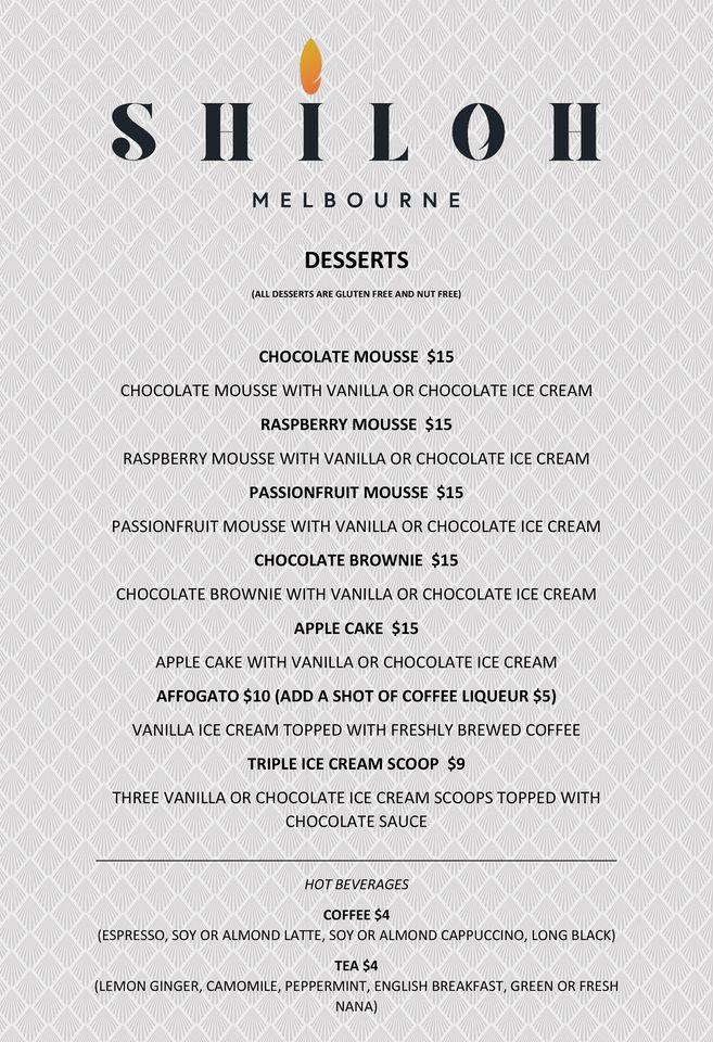 Menu at Shiloh Melbourne restaurant, Caulfield North