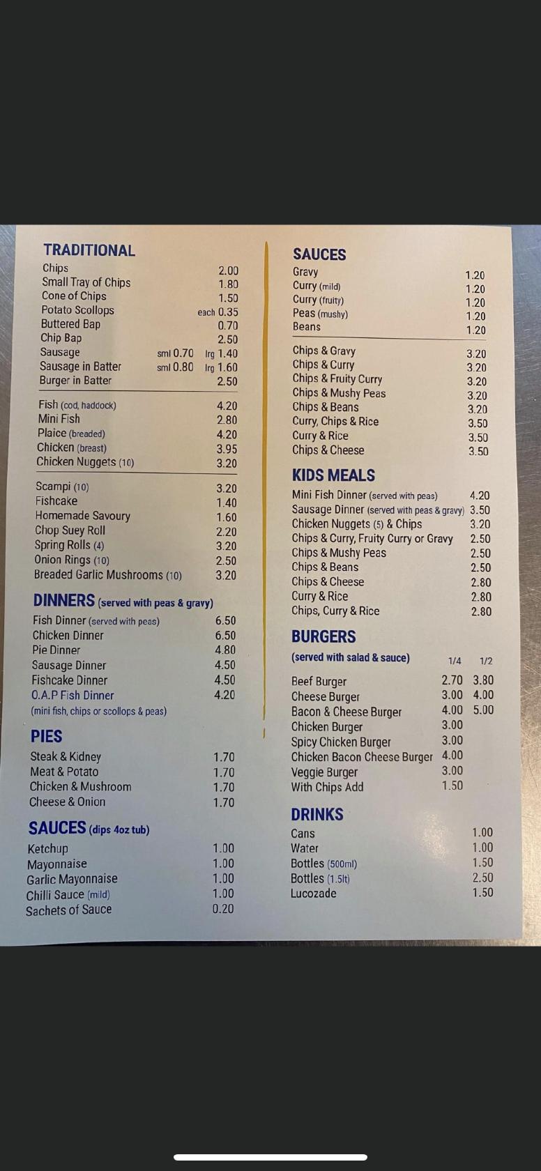 Menu at The Big Fish restaurant, Wallasey