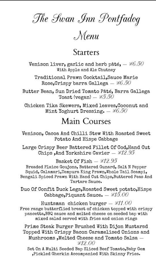 Menu at The Swan Inn pub & bar, Pontfadog