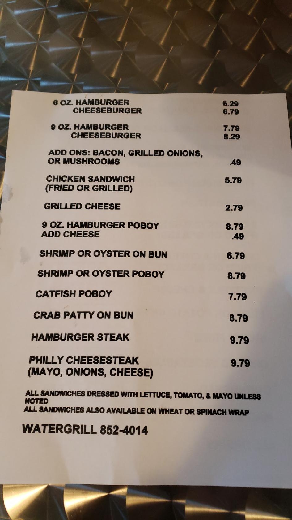 Menu at Watergrill restaurant, Houma, W Tunnel Blvd