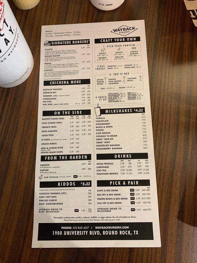 Menu at Wayback Burgers restaurant, Round Rock, University Blvd Suite 100