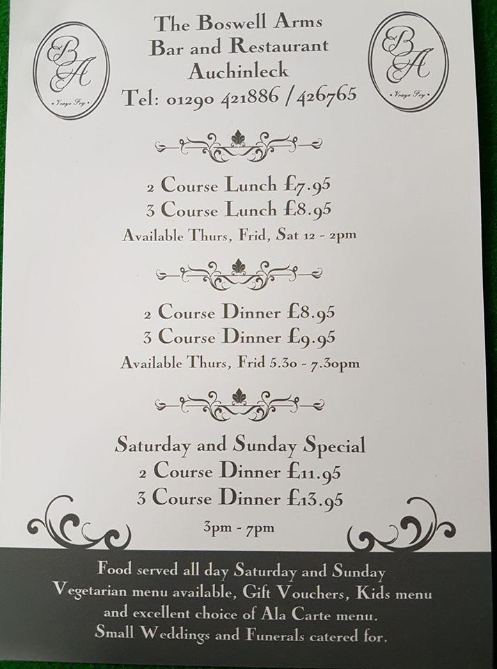 Menu at The Boswell Arms Bar & Restaurant, Auchinleck