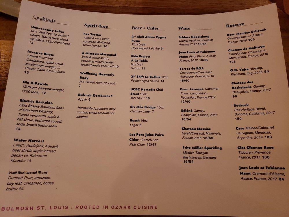 Menu at Bulrush StL Restaurant, St. Louis