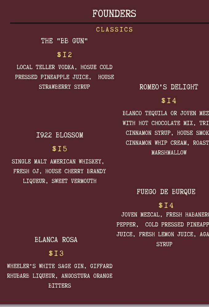 Menu at Founders Speakeasy pub & bar, Albuquerque
