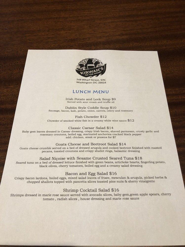 Menu at Kirwan’s on the Wharf pub & bar, Washington